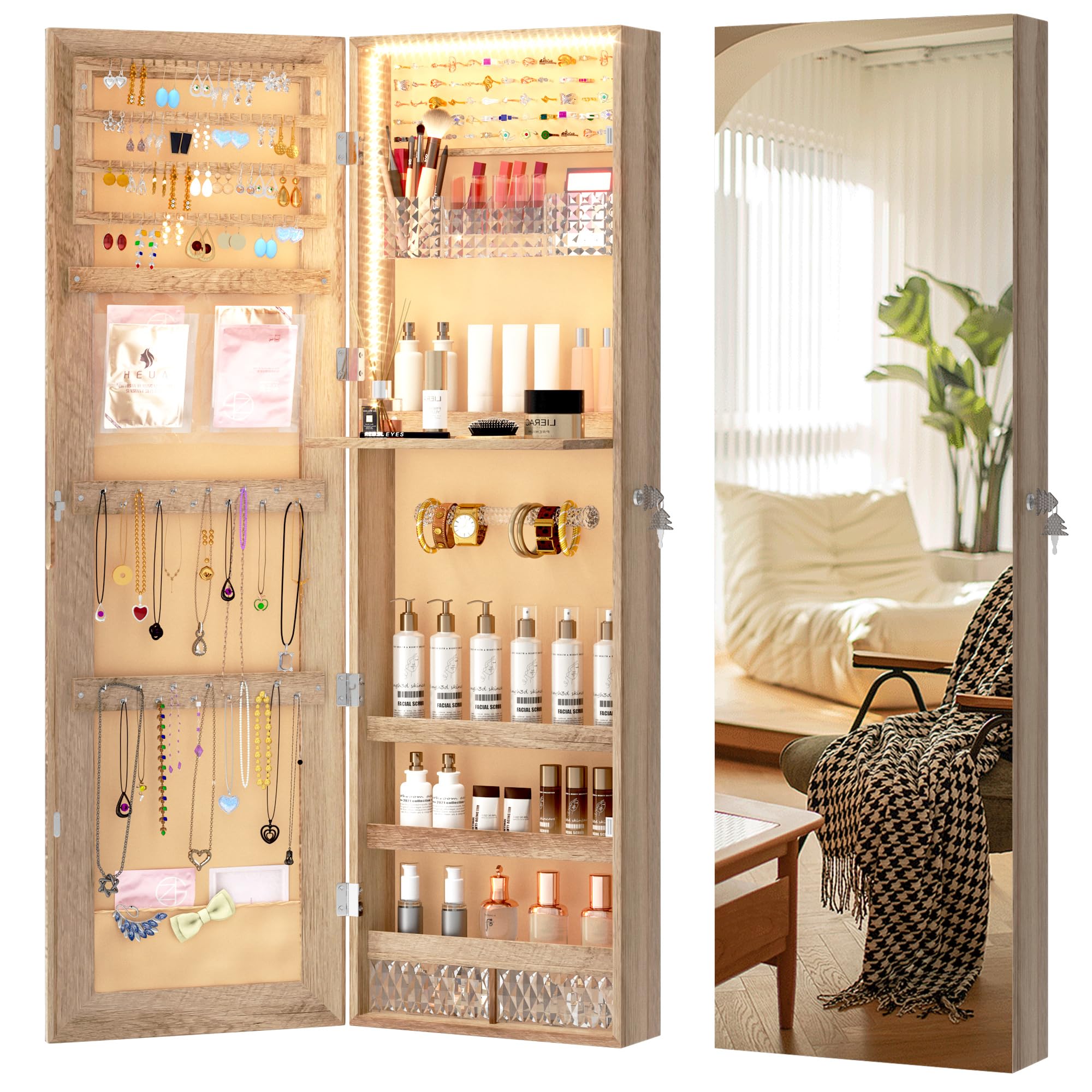 LVSOMT LED Jewelry Mirror Cabinet 47.2", Wall/Door Jewelry Armoire Organizer, Full-Length Mirror with Jewelry Storage, Over The Door Hanging Mirror, 2 Drawers, Lockable, Wood
