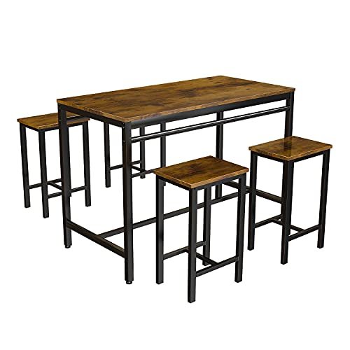 AWQM 5 Pcs Dining Table Set, Modern Bar Table Set with 4 Chairs, Home Kitchen Breakfast Table and Chairs Set Ideal for Pub, Living Room, Breakfast Nook, Easy to Assemble (Rustic Brown)