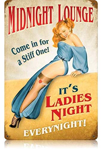 Maizeco Vintage Midnight Lounge - Pin-Up Girl Metal Tin Signs 8 x 12 Inch for Restaurants Beer Man Cave Indoor Coffee Funny Plaque Poster Wall Decor Sign