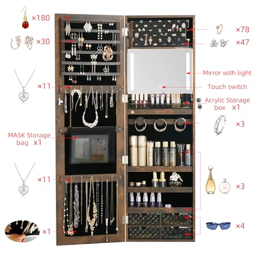 MASMIRE Full Length Mirror Jewelry Armoire With Built-In Touch Light - 47.3' H Cabinet With Wall Mount/Over The Door Mirror, Jewelry Storage and 4 Drawers - Rustic Brown