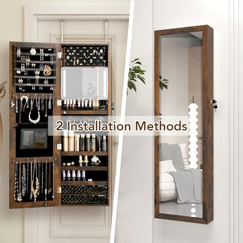 MASMIRE Full Length Mirror Jewelry Armoire With Built-In Touch Light - 47.3' H Cabinet With Wall Mount/Over The Door Mirror, Jewelry Storage and 4 Drawers - Rustic Brown