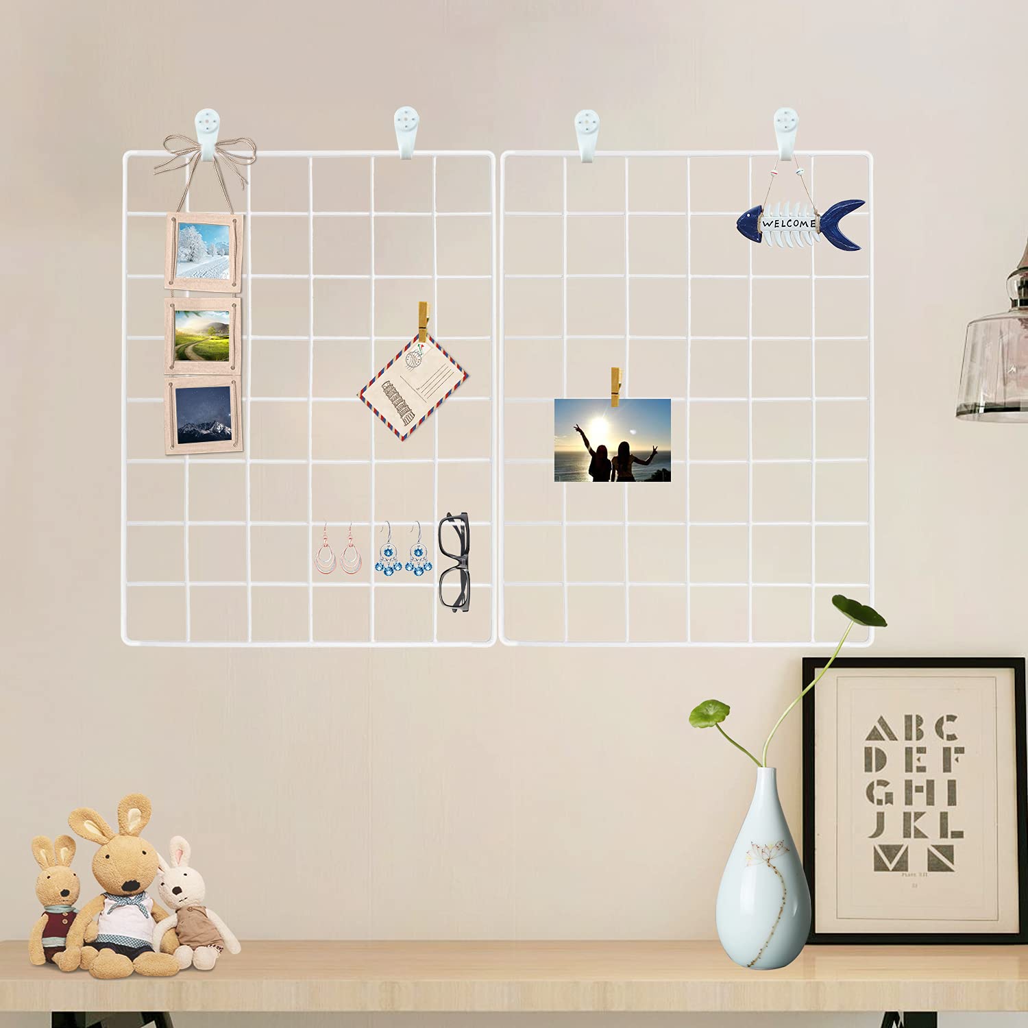 GBYAN Wall Grid 2 Pack Wire Photo Grid Panels Memo Board Wall Organizer (White)