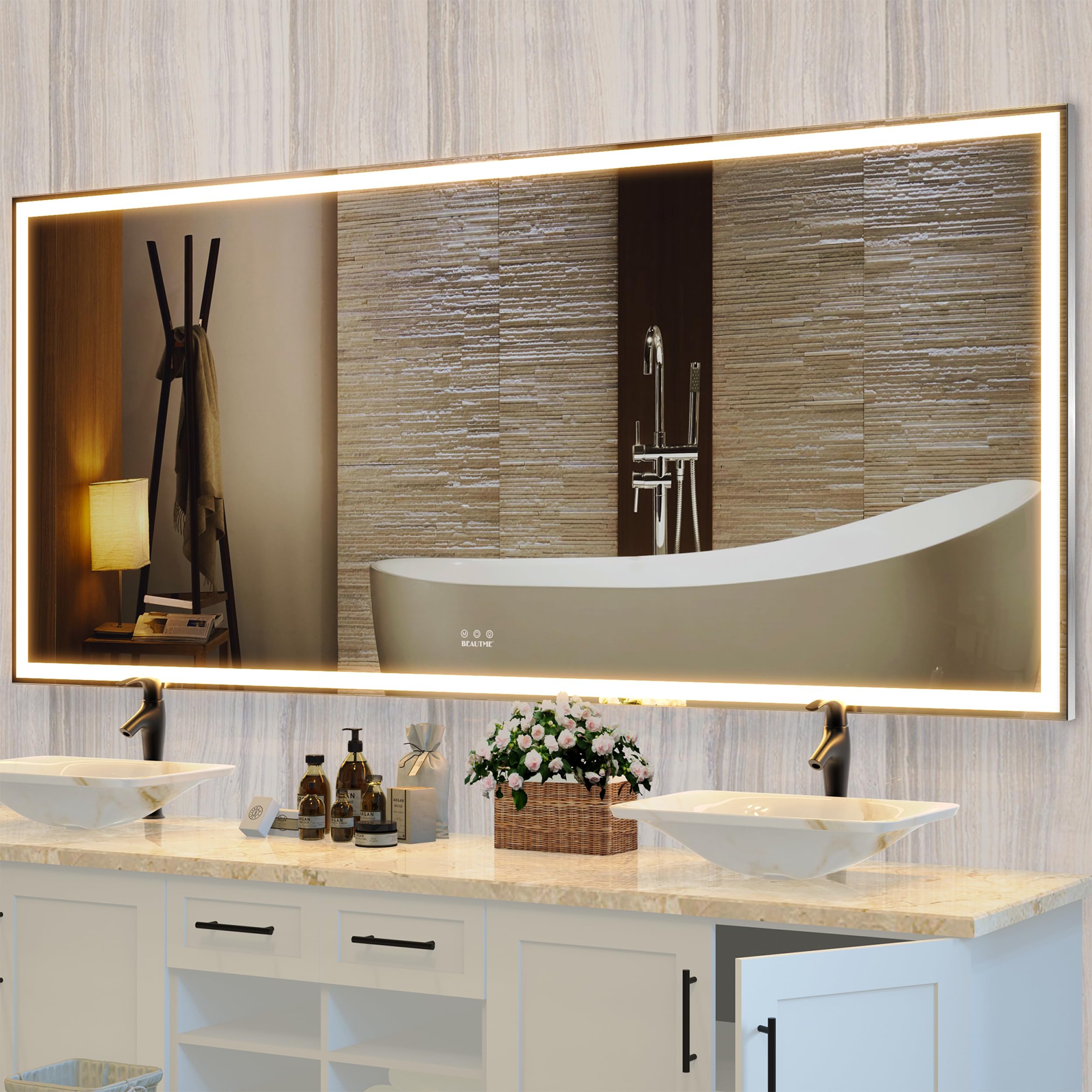 72X32 inch Oversized LED Bathroom Mirror Wall Mounted Mirror with 3 Color Modes Aluminum Frame Wall Mirror Large Full Length Mirror with Lights Lighted Full Body Mirror for Bedroom Living Room(Silver)