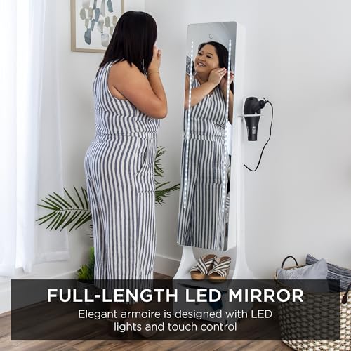 Best Choice Products Standing Full Length LED Mirror Jewelry Makeup Storage Organizer Cabinet Armoire w/Lights, Touchscreen, Pop-Up Shelf, Velvet Lining, 4 Compartments, Drawer - White