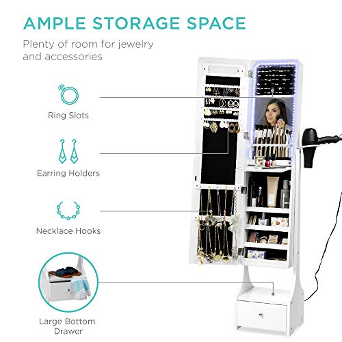 Best Choice Products Standing Full Length LED Mirror Jewelry Makeup Storage Organizer Cabinet Armoire w/Lights, Touchscreen, Pop-Up Shelf, Velvet Lining, 4 Compartments, Drawer - White