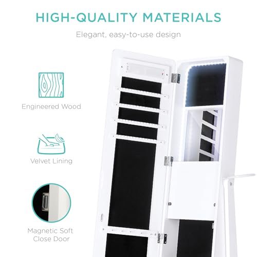 Best Choice Products Standing Full Length LED Mirror Jewelry Makeup Storage Organizer Cabinet Armoire w/Lights, Touchscreen, Pop-Up Shelf, Velvet Lining, 4 Compartments, Drawer - White