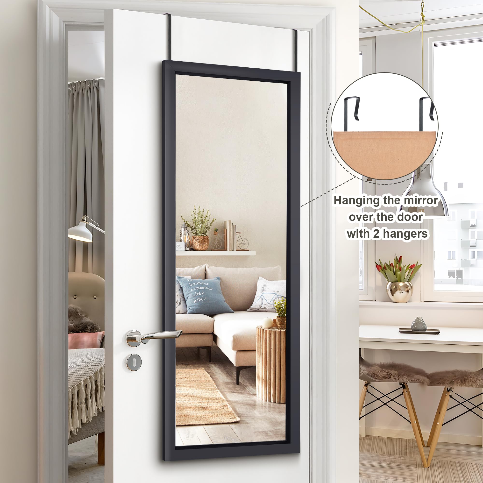 PexFix Door Mirror Full Length 51"x18" Over The Door Rectangle Sleek Black Frame Space Saving Floor Mirror Dressing Hanging Wall Mounted Mirror (US-MHJ002-BK+USAM019)