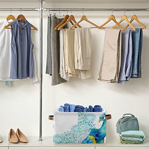 Blue Peacock Flower Square Storage Basket Storage Bins Canvas Storage Organizer Closet Shelf Organizer for Home Office, 1 Pc