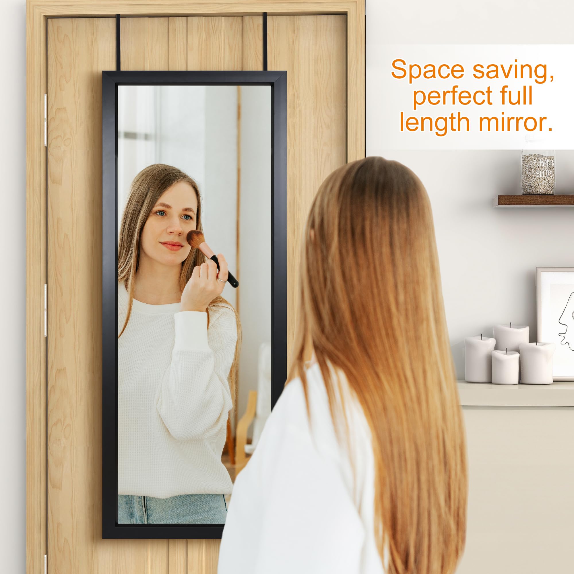 PexFix Door Mirror Full Length 51"x18" Over The Door Rectangle Sleek Black Frame Space Saving Floor Mirror Dressing Hanging Wall Mounted Mirror (US-MHJ002-BK+USAM019)
