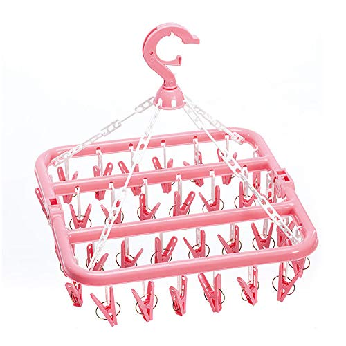 SteelFever Clothes Drying Hanger with 32 Clips, Foldable Hanging Drying Rack for Clothes Underwear Socks (Pink)