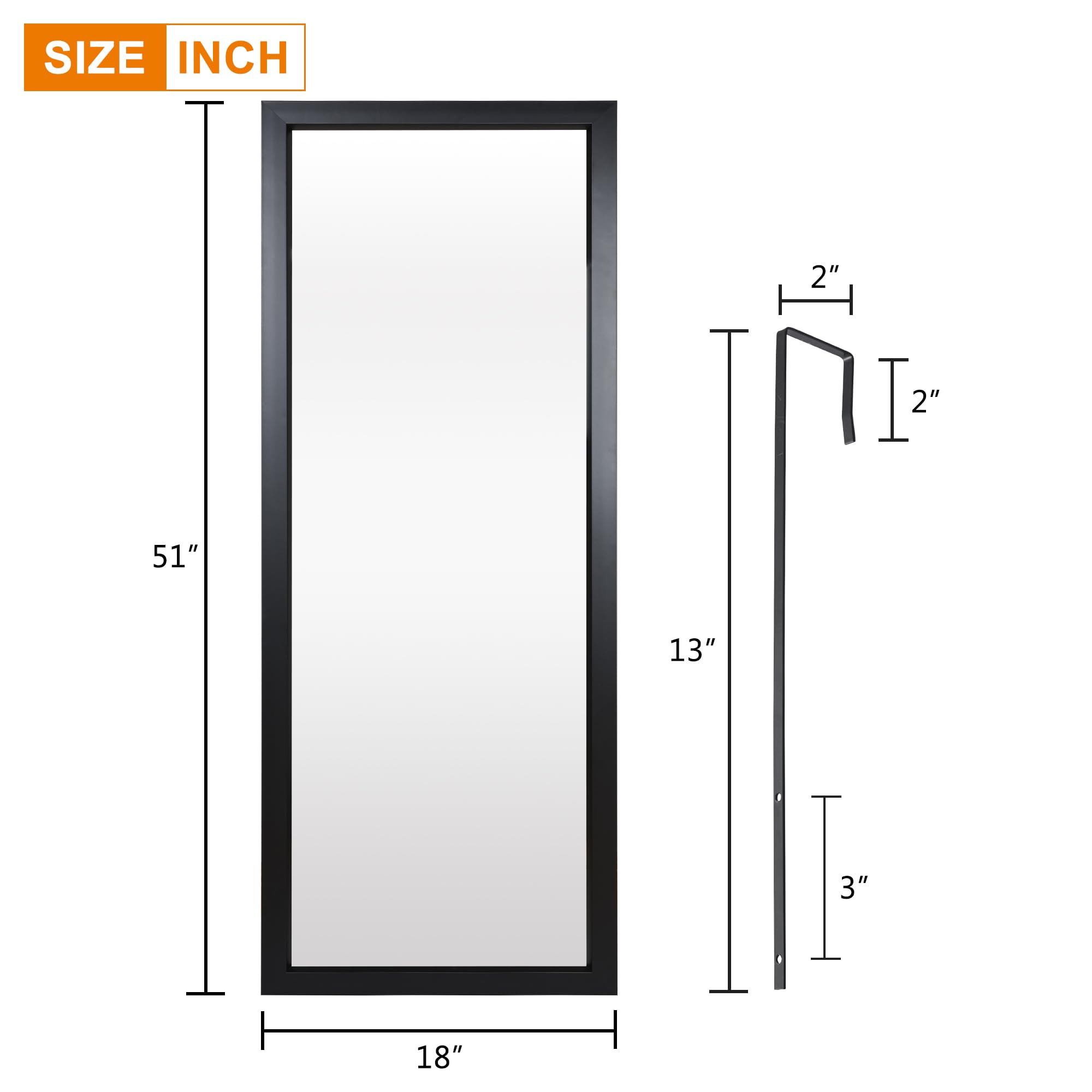PexFix Door Mirror Full Length 51"x18" Over The Door Rectangle Sleek Black Frame Space Saving Floor Mirror Dressing Hanging Wall Mounted Mirror (US-MHJ002-BK+USAM019)