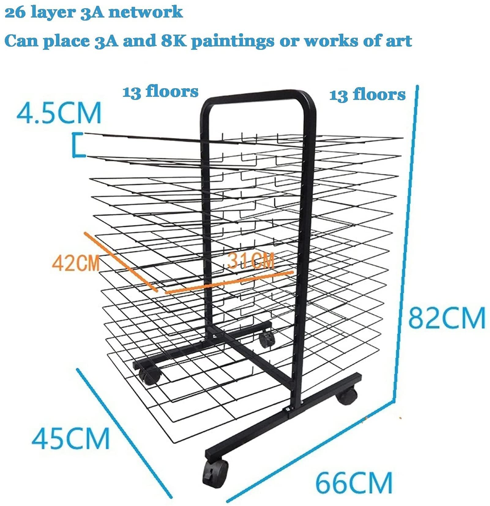 Art Drying Rack for Classroom Drying Rack for Art Metal Wire Work Display Rack, Back-to-Back 13-Shelf Mobile Art Carts with Wheels for Classroom Art Studios and Home Use. Drying & Print Racks