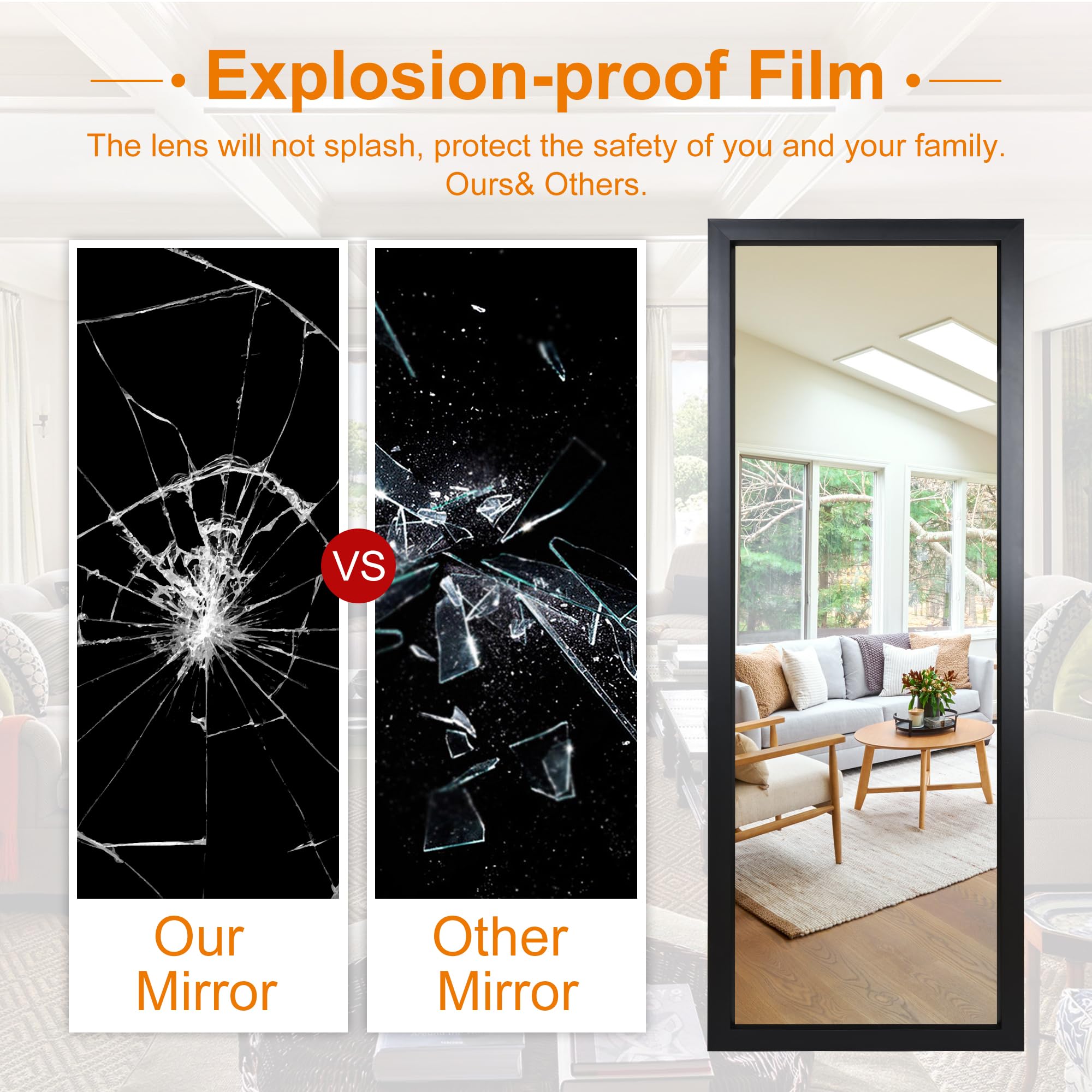 PexFix Door Mirror Full Length 51"x18" Over The Door Rectangle Sleek Black Frame Space Saving Floor Mirror Dressing Hanging Wall Mounted Mirror (US-MHJ002-BK+USAM019)