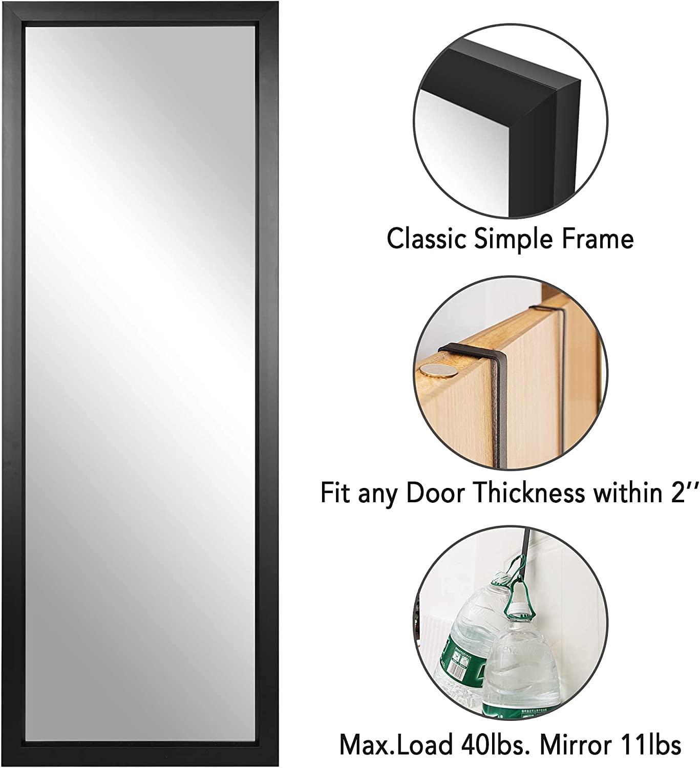 PexFix Door Mirror Full Length 51"x18" Over The Door Rectangle Sleek Black Frame Space Saving Floor Mirror Dressing Hanging Wall Mounted Mirror (US-MHJ002-BK+USAM019)