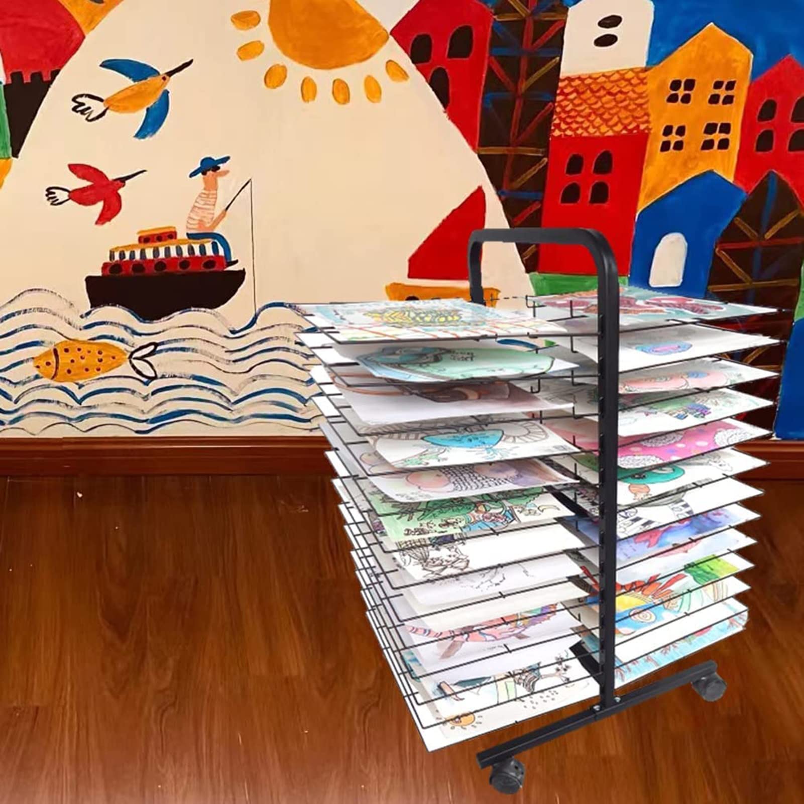 Art Drying Rack for Classroom Drying Rack for Art Metal Wire Work Display Rack, Back-to-Back 13-Shelf Mobile Art Carts with Wheels for Classroom Art Studios and Home Use. Drying & Print Racks