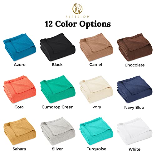 SUPERIOR Cotton Waffle Throw Blanket, Lightweight Breathable Bedding, for Travel, Dorm, Apartment, or Home, Machine Washable, Ultra Soft and Cozy, All-Season Covering, Twin, Azure