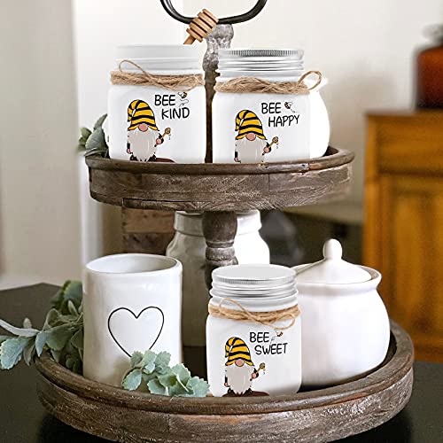 Nefelibata Bee Gnome Mini Mason Jars, Honey Bee Nisse Farmhouse Tiered Tray Decor Bee Sweet Bee Happy Bee Kind Honey Dipper Holders Bumble Bee Tomte Kitchen Centerpieces Decors 3 PCS