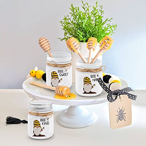 Nefelibata Bee Gnome Mini Mason Jars, Honey Bee Nisse Farmhouse Tiered Tray Decor Bee Sweet Bee Happy Bee Kind Honey Dipper Holders Bumble Bee Tomte Kitchen Centerpieces Decors 3 PCS
