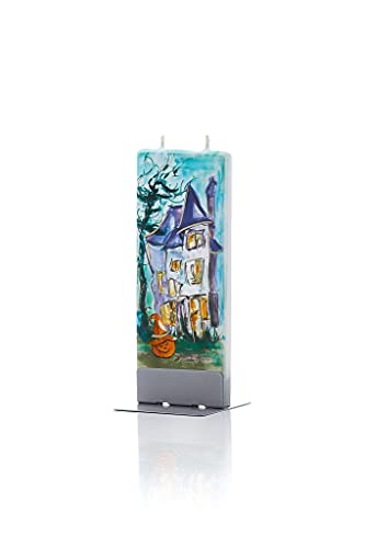 FLATYZ Handmade Flat Candle - Jack-O'-Lantern Haunted House | Hand Painted, Unscented Decorative Candles | Drip-Resistant & Smoke-Free 2 Wick Candle for Home & Room Decor | Steel Stand Included