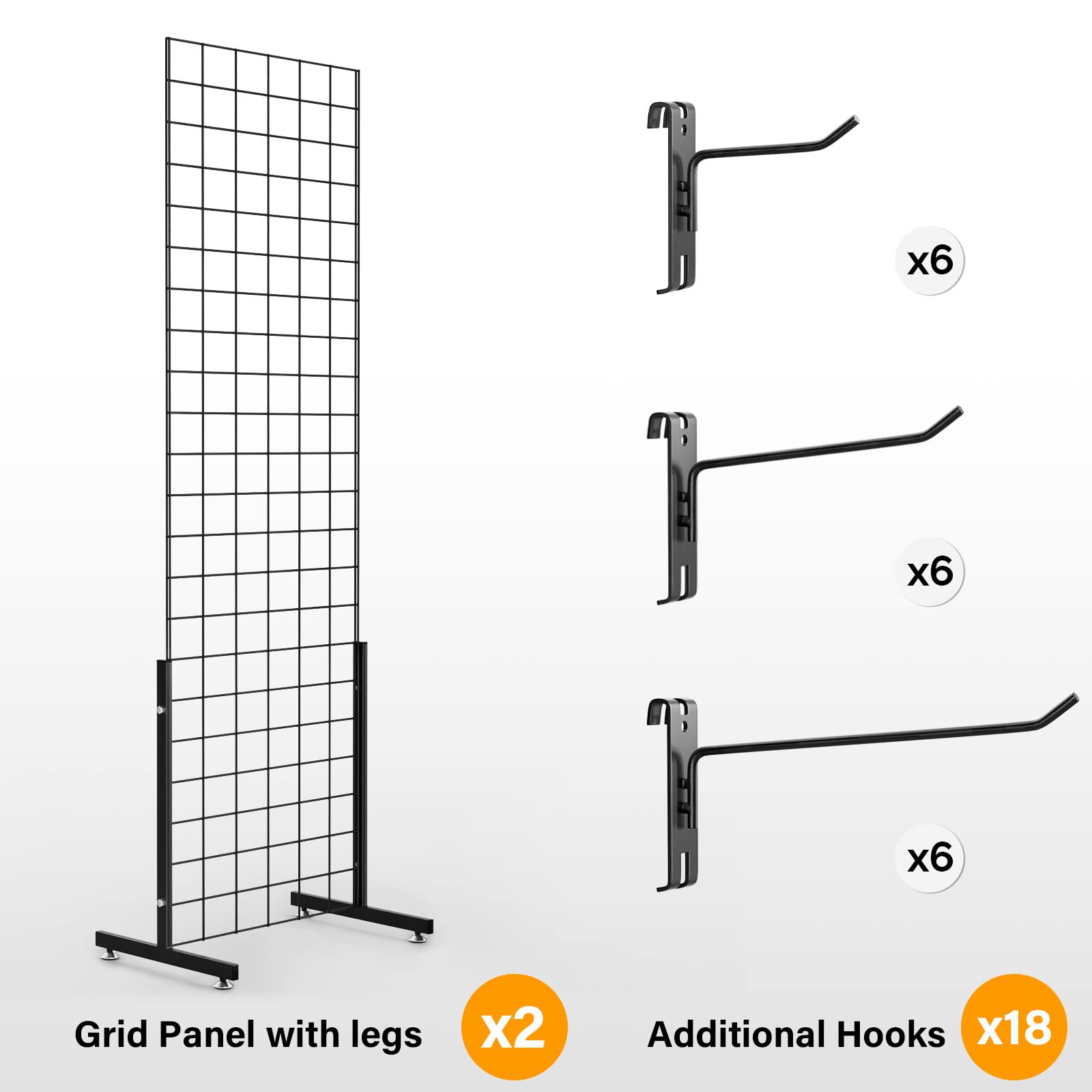 Bonnlo 6' x 2' Wire Grid Panel Tower with T-Base Floorstanding, Thicker 5mm Wire, 180 LBS Weight Capacity Grid Wall Display Rack with Hooks 4", 6" and 8", 2-Pack Black