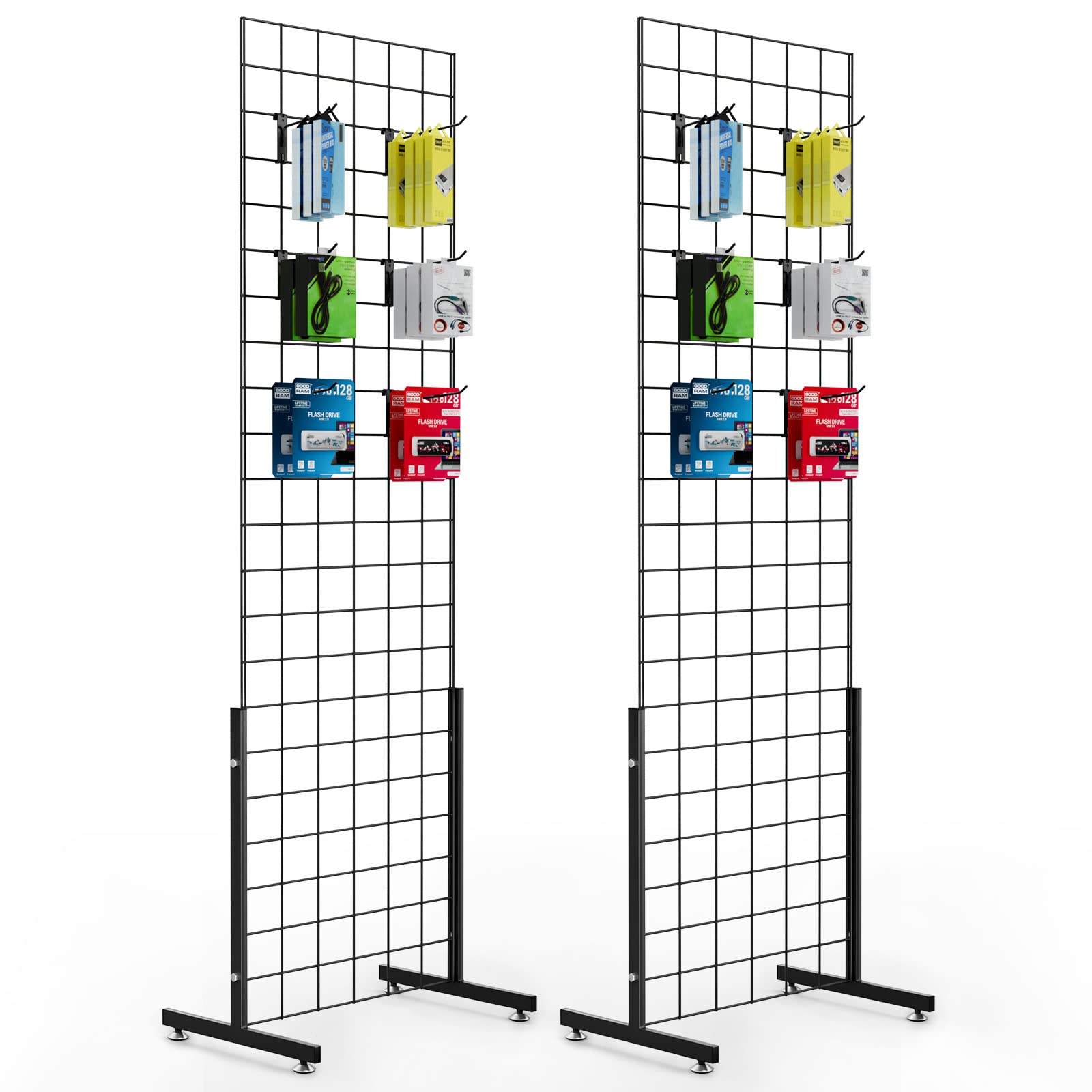 Bonnlo 6' x 2' Wire Grid Panel Tower with T-Base Floorstanding, Thicker 5mm Wire, 180 LBS Weight Capacity Grid Wall Display Rack with Hooks 4", 6" and 8", 2-Pack Black