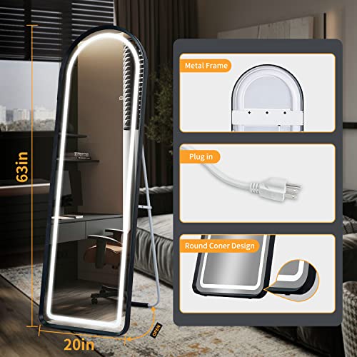 S'bagno 63"x20" Arched-Full-Length-Mirror-with-Lights, Bedroom Full-Body-Floor-Mirror Aluminum Black Frame, Wall-Mounted Hanging Dressing-Mirror with Touch Dimming& 3000K 4000K 6500K