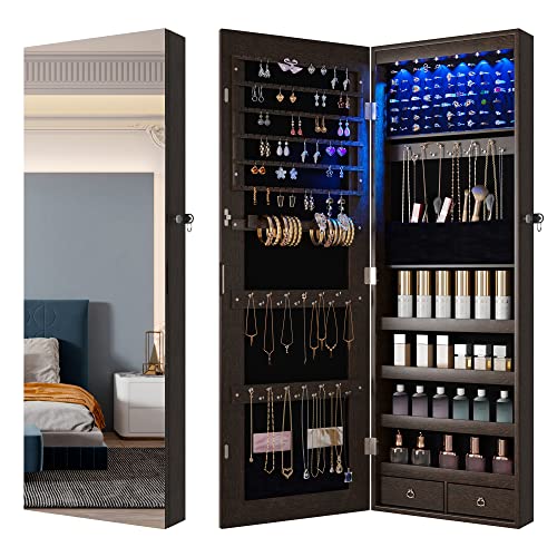 HNEBC Jewelry Organizer with 6 LED Lights, Jewelry Armoire with Mirror, Full Length Mirror Jewelry Cabinet with Jewelry Storage, Wall Mounted/Door Mounted (brown)