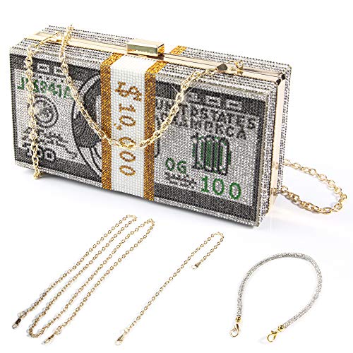 Money Clutch Purses for Women, Stack of Cash Dollars Crystal Clutch Purses, Women Diamond Evening Bags Party Cocktail Rhinestone Handbags, Wedding Dinner Bag, Grey