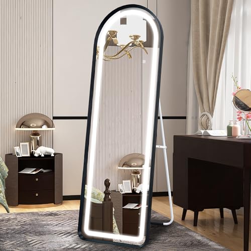S'bagno 63"x20" Arched-Full-Length-Mirror-with-Lights, Bedroom Full-Body-Floor-Mirror Aluminum Black Frame, Wall-Mounted Hanging Dressing-Mirror with Touch Dimming& 3000K 4000K 6500K