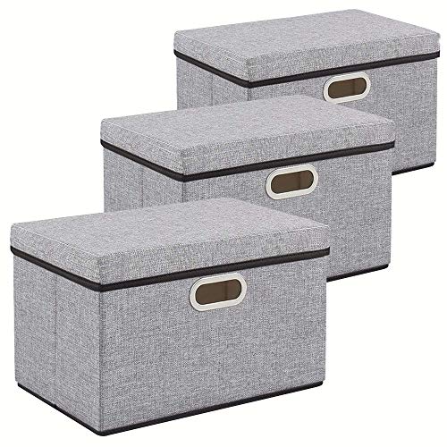 Foldable Fabric Storage Bins with Lids [3-Pack]with Removable Lid and Handles Fashionable Decorative Collapsible Linen Storage Box Used For Clothes Toys Books Home Closet Bed room Office