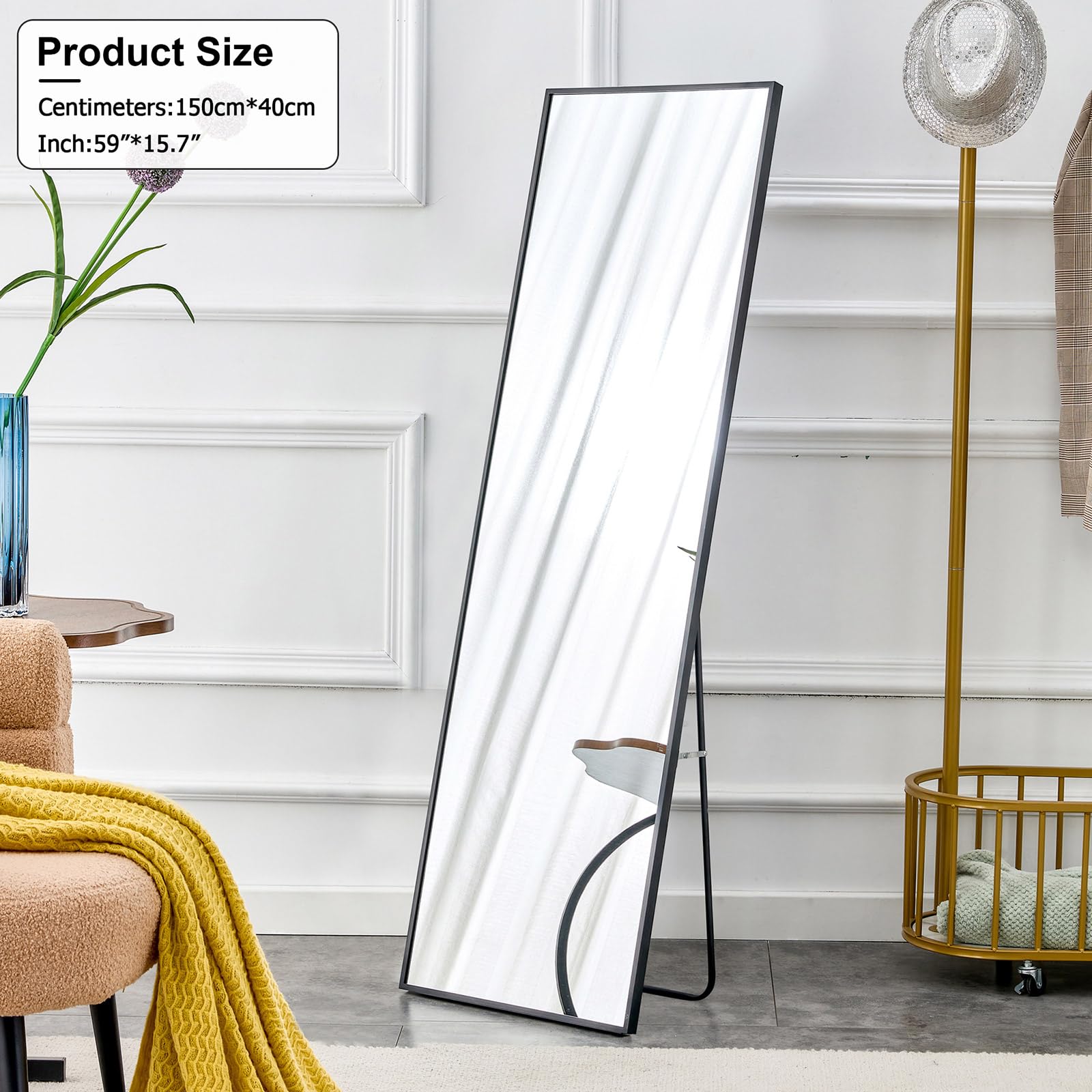 Bblack Aluminum Alloy Metal Frame Wall Mounted Full Body Mirror, Bathroom Makeup Mirror, Bedroom Porch, Clothing Store, Floor Mounted Large Mirror