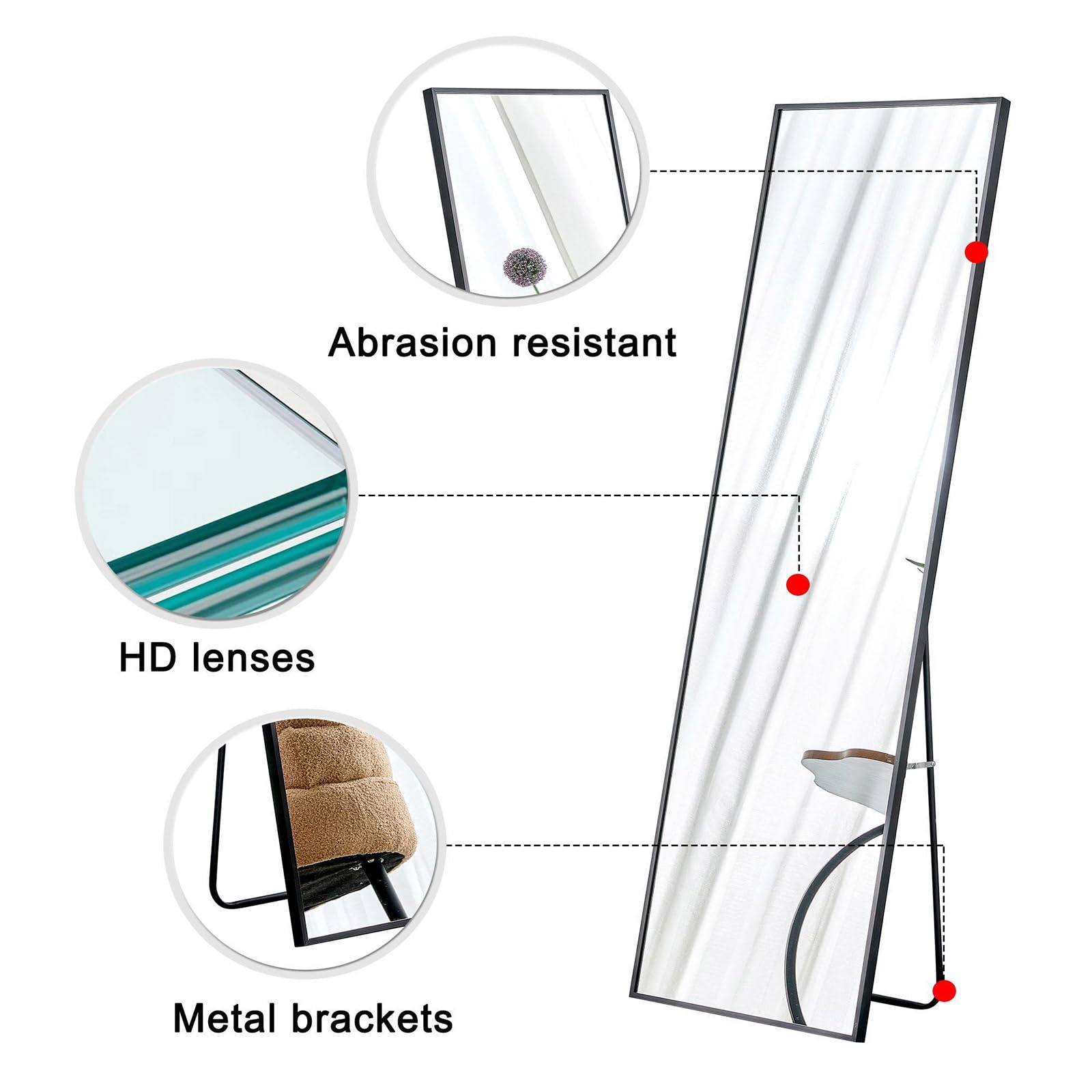 Bblack Aluminum Alloy Metal Frame Wall Mounted Full Body Mirror, Bathroom Makeup Mirror, Bedroom Porch, Clothing Store, Floor Mounted Large Mirror