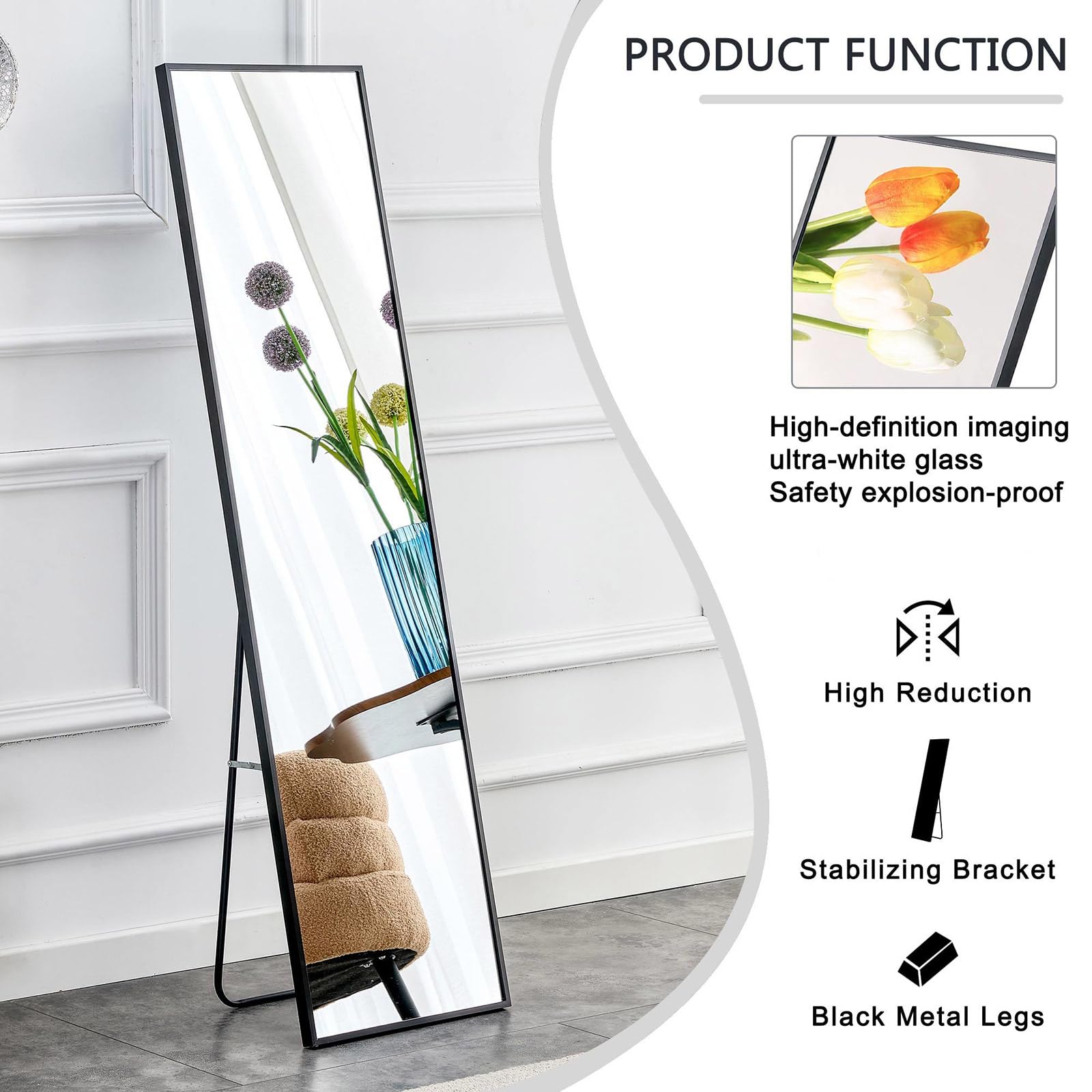 Bblack Aluminum Alloy Metal Frame Wall Mounted Full Body Mirror, Bathroom Makeup Mirror, Bedroom Porch, Clothing Store, Floor Mounted Large Mirror