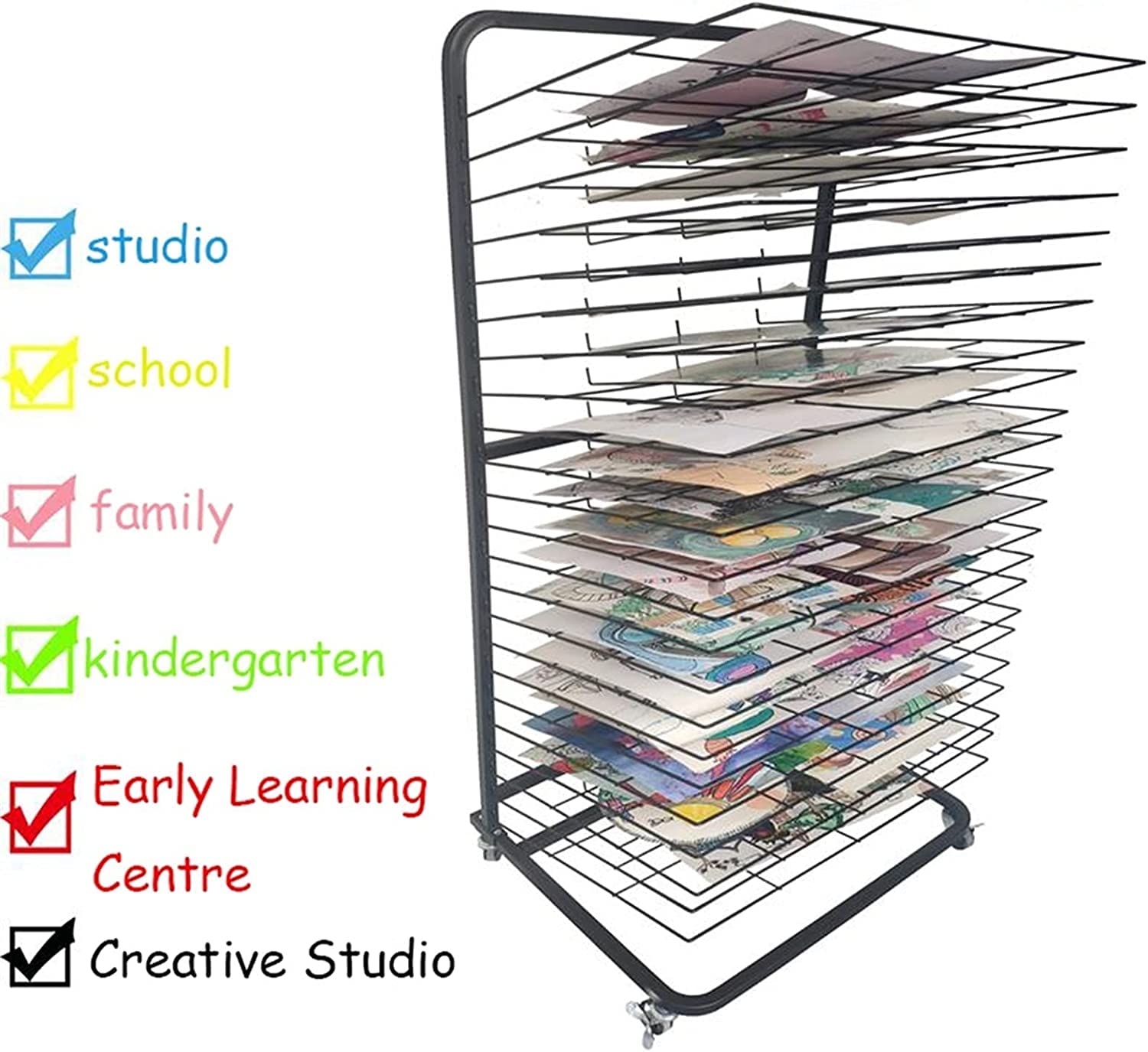 EUKKIC Drying & Print Racks, 20-Shelf Mobile Classrooms Drying Rack with 20 Wire Shelves for Works of Art Studios and Home Use