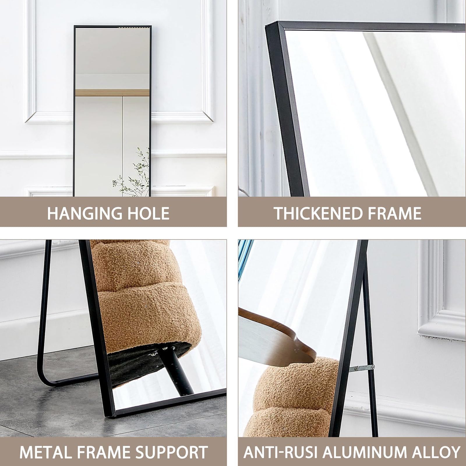 Bblack Aluminum Alloy Metal Frame Wall Mounted Full Body Mirror, Bathroom Makeup Mirror, Bedroom Porch, Clothing Store, Floor Mounted Large Mirror