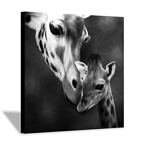 Giraffe Canvas Wall Art Painting: Animal Mama and Baby Kiss Artwork Prints for Decor (12”x12”)