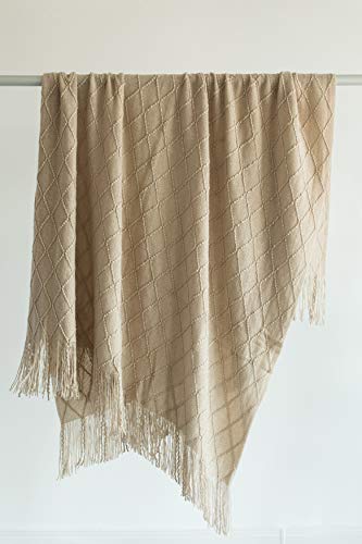 Decorative Diamond Pattern Knit Throw Blanket with Fringe, Khaki