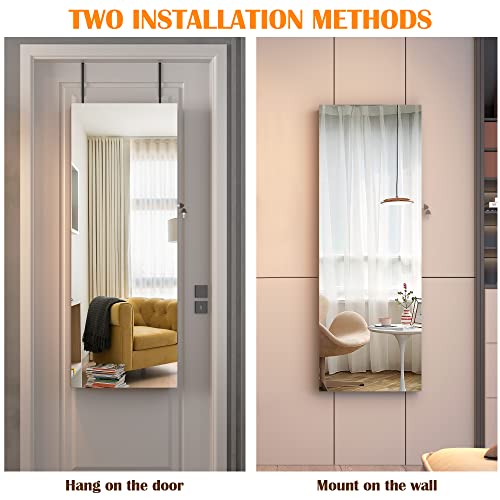 Vlsrka Mirror Jewelry Cabinet with 3 LED Lights, Wall/Door Mounted Jewelry Armoire Organizer with Full Length Mirror Large Capacity Storage Hanging Cabinet, Built-in Lighted & Movable Makeup Mirror