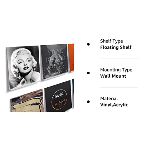 Cerpourt 8 Pack 12'' Clear Vinyl Record Display Shelf,Acrylic Album Vinyl Record Holder Wall Mount and Display Your Favorite LP Records in Style