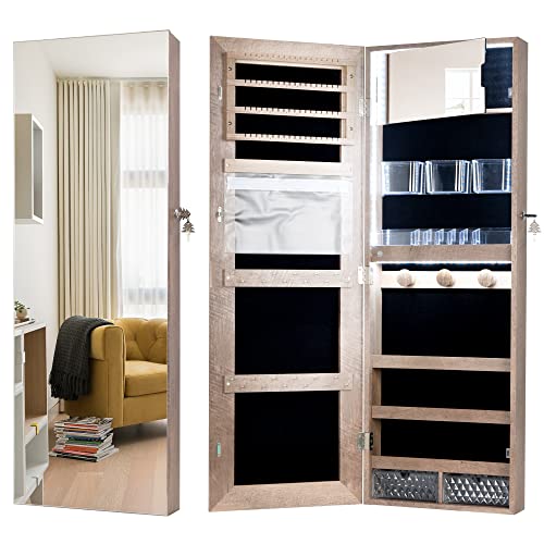 Vlsrka Mirror Jewelry Cabinet with 3 LED Lights, Wall/Door Mounted Jewelry Armoire Organizer with Full Length Mirror Large Capacity Storage Hanging Cabinet, Built-in Lighted & Movable Makeup Mirror