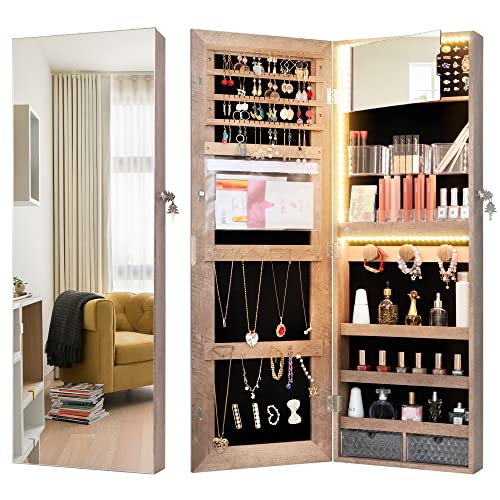 Vlsrka Mirror Jewelry Cabinet with 3 LED Lights, Wall/Door Mounted Jewelry Armoire Organizer with Full Length Mirror Large Capacity Storage Hanging Cabinet, Built-in Lighted & Movable Makeup Mirror