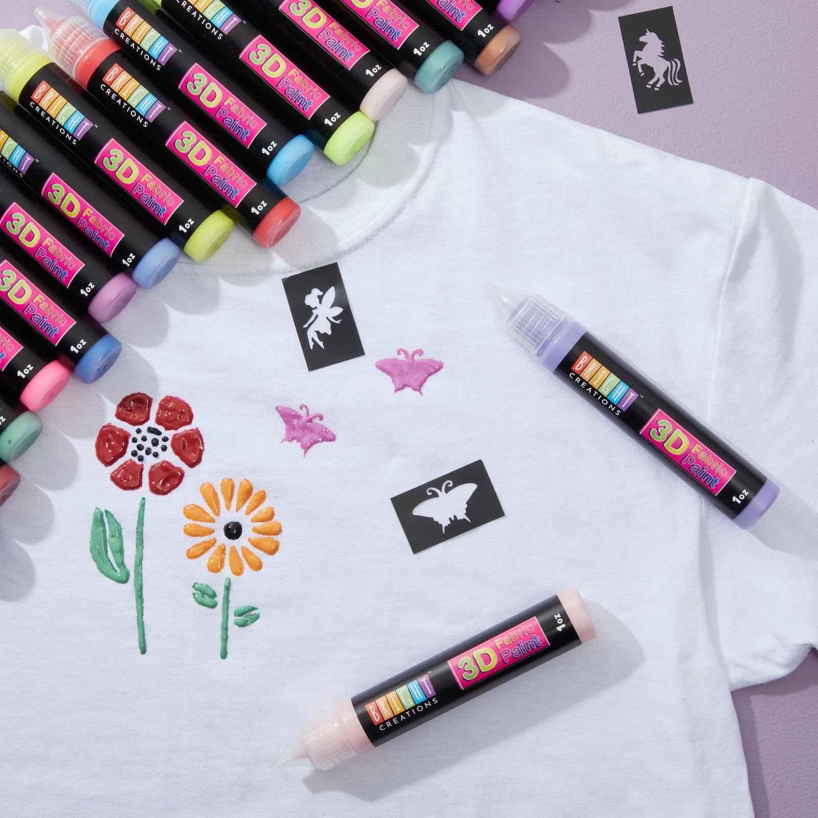 3D Fabric Paint 30 Colors with Sticker Stencils, Permanent Textile Paint Includes Neon, Metallic, Glitter for Clothing