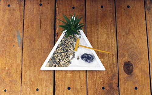 Nature's Mark Mini Zen Garden Kit for Desk with Rake, White Sand, White Triangle Base, Crystal Rock, Mini River Rocks and Air Plant, (7Lx6W Triangle W)