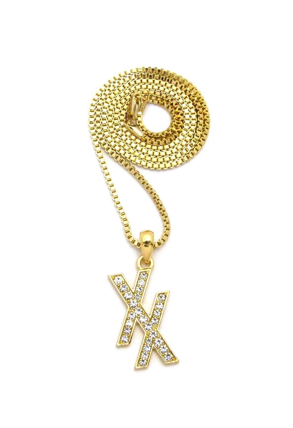 BLINGFACTORY GOLD PT ICED MGK XX PENDANT & 2mm 18" 20" 24" BOX CHAIN HIP HOP NECKLACE (24" Chain)