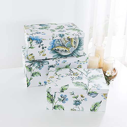 Soul & Lane Breezy Bloom Floral Storage Boxes with Lid - Set of 3: Home Décor Memories Cartons, Nesting Decorative Photo Storage Containers, Flower Paperboard Keepsake Bins, Cardboard File Boxes