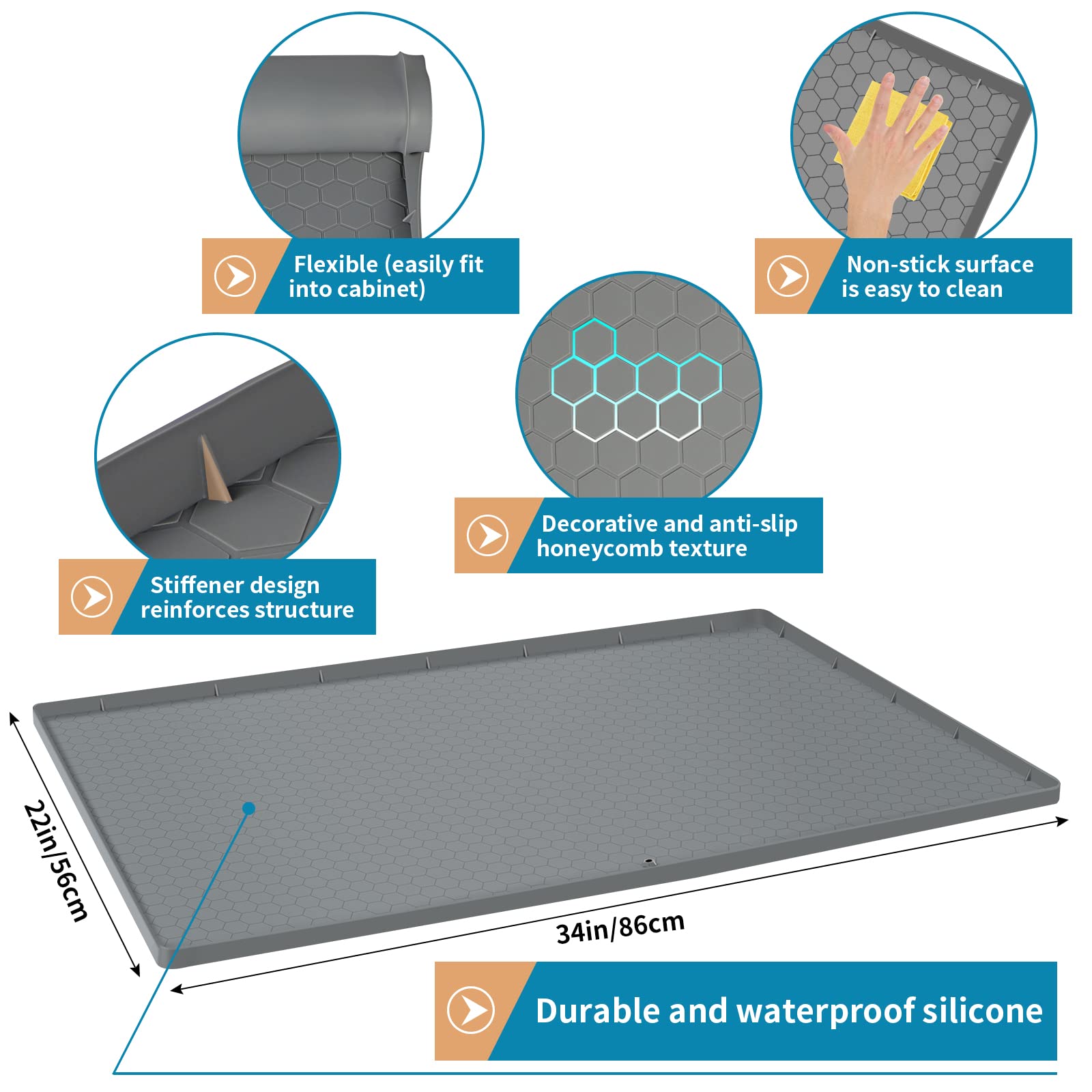 Sanbege Under Sink Mat Liner 34" x 22", Kitchen Cabinet Protector Tray with Drain Hole, Multipurpose Silicone Waterproof Mat for 36" Cabinet or Crafting, Pet Bowls, Floor Organization (Grey)