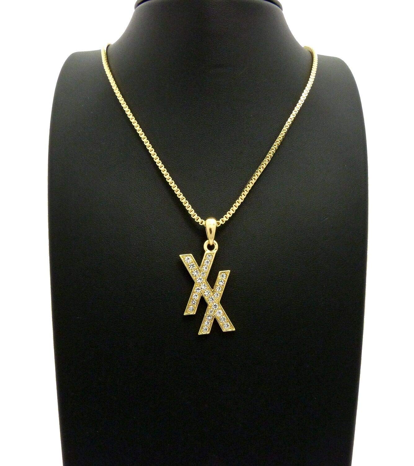 BLINGFACTORY GOLD PT ICED MGK XX PENDANT & 2mm 18" 20" 24" BOX CHAIN HIP HOP NECKLACE (24" Chain)