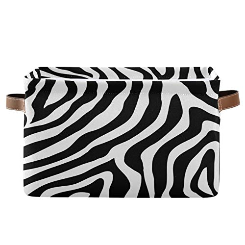 African Animal Zebra Print Storage Basket Large Foldable Storage Organizer Cubes Bins with Leather Handles Sturdy Collapsible Boxes for Shelf Cloth Toy Closet (1 Pack)