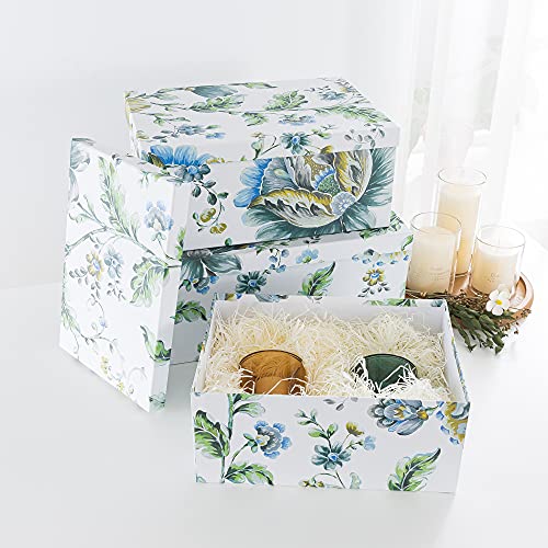 Soul & Lane Breezy Bloom Floral Storage Boxes with Lid - Set of 3: Home Décor Memories Cartons, Nesting Decorative Photo Storage Containers, Flower Paperboard Keepsake Bins, Cardboard File Boxes