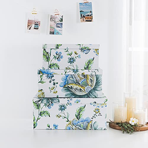 Soul & Lane Breezy Bloom Floral Storage Boxes with Lid - Set of 3: Home Décor Memories Cartons, Nesting Decorative Photo Storage Containers, Flower Paperboard Keepsake Bins, Cardboard File Boxes